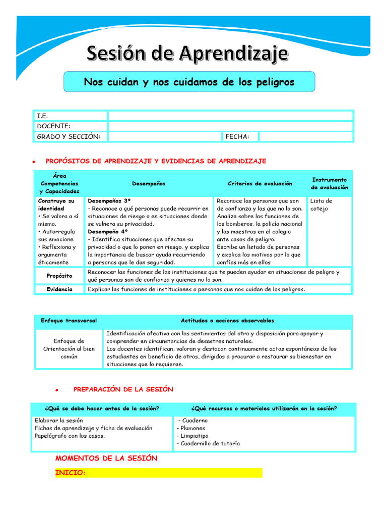 d1 a2 Sesion Tutoria - Nos Cuidamos de Los Peligros | PDF