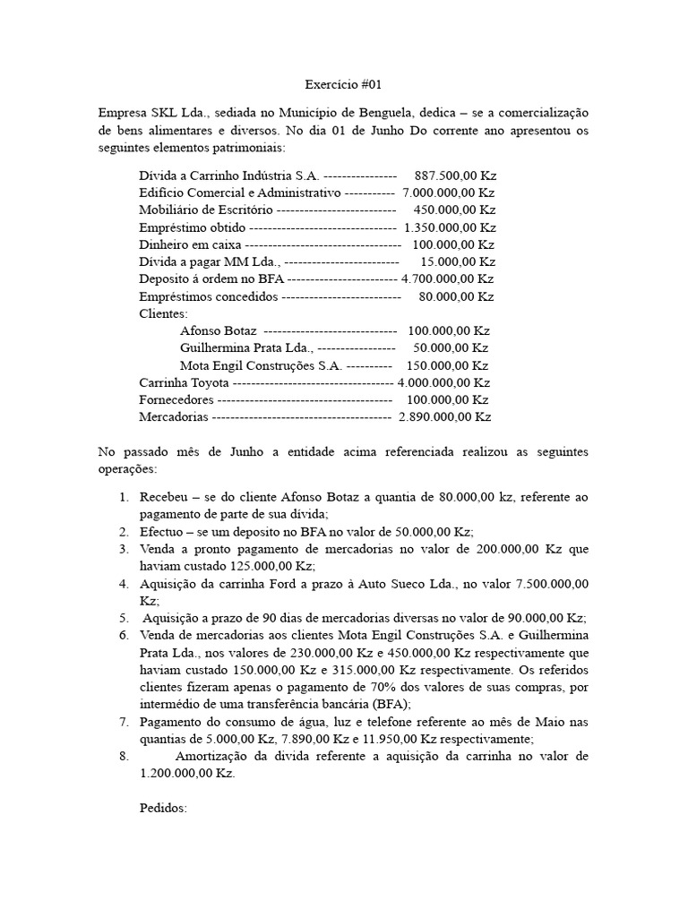 Contabilidade Geral I - Exercício 01 - Registo No Diário Geral - Razão ...