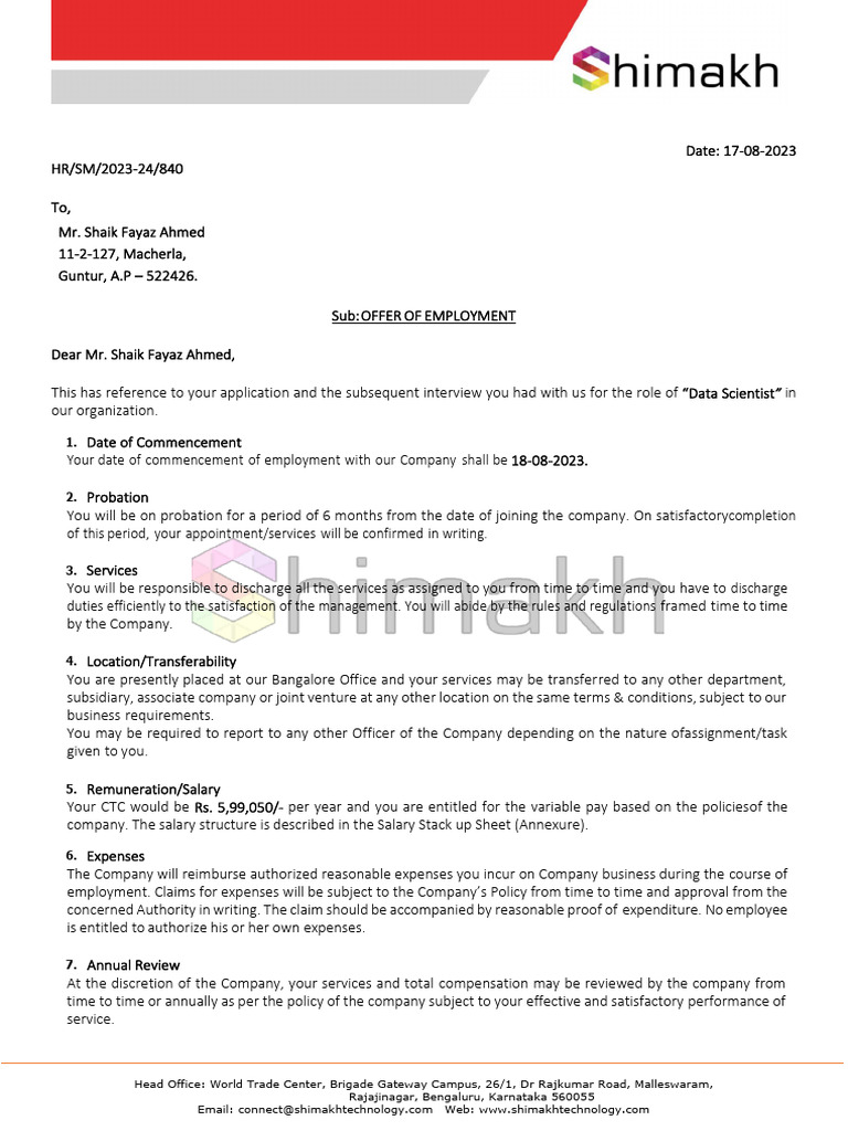 Shaik Fayaz Ahmed - Offer Letter | PDF