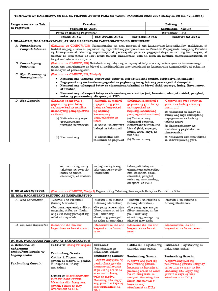 DLL Template at Sample Sa MTB at Filipino Sy 2023 2024 | PDF