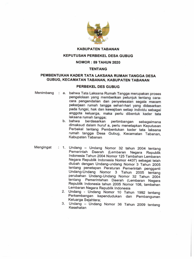 SK No 59 TH 2020 Tentang Pembentukan Kader Tata Laksana Rumah Tangga ...