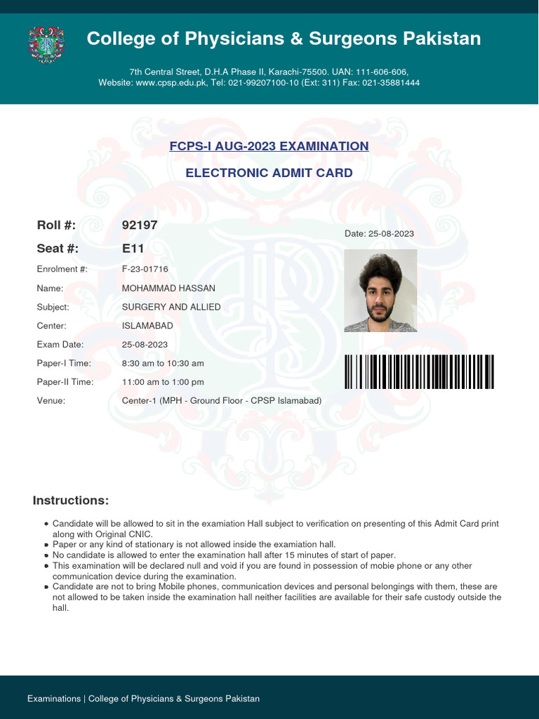 FCPS-I Admit Pass | PDF