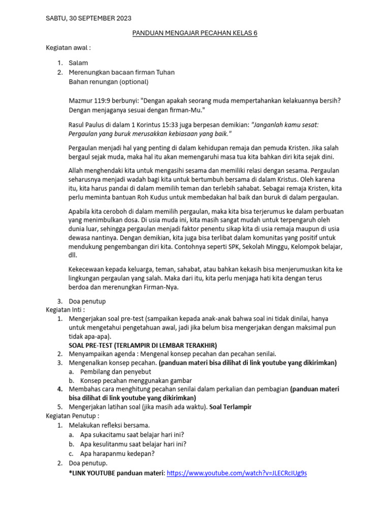 Handout Materi Pecahan KLS 6 SPK | PDF