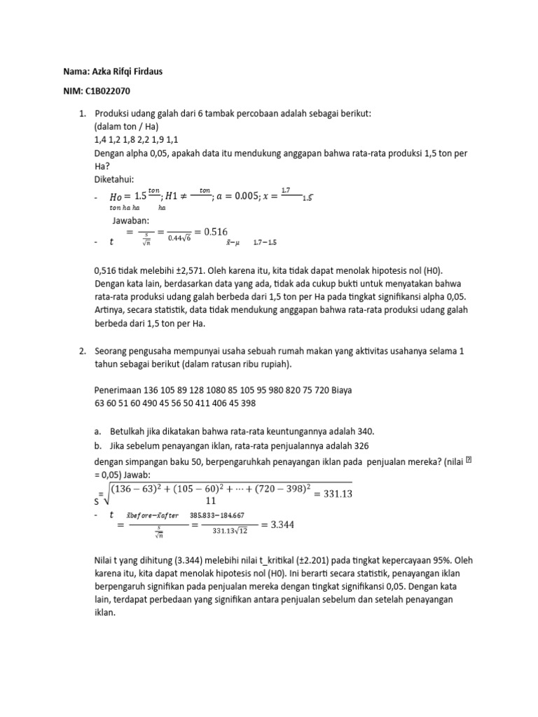 Tugas Statbis - Azka Rifqi Firdaus - C1B022070 | PDF | Sains & Matematika