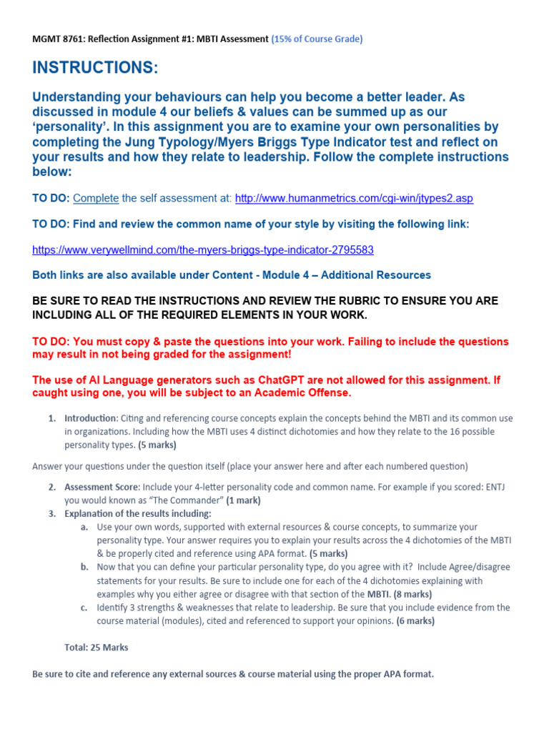 MGMT 8761 Reflection Assignment #1 F23 | PDF