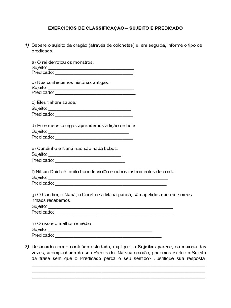 Sujeito E Predicado Sujeito E Predicado Tipos De