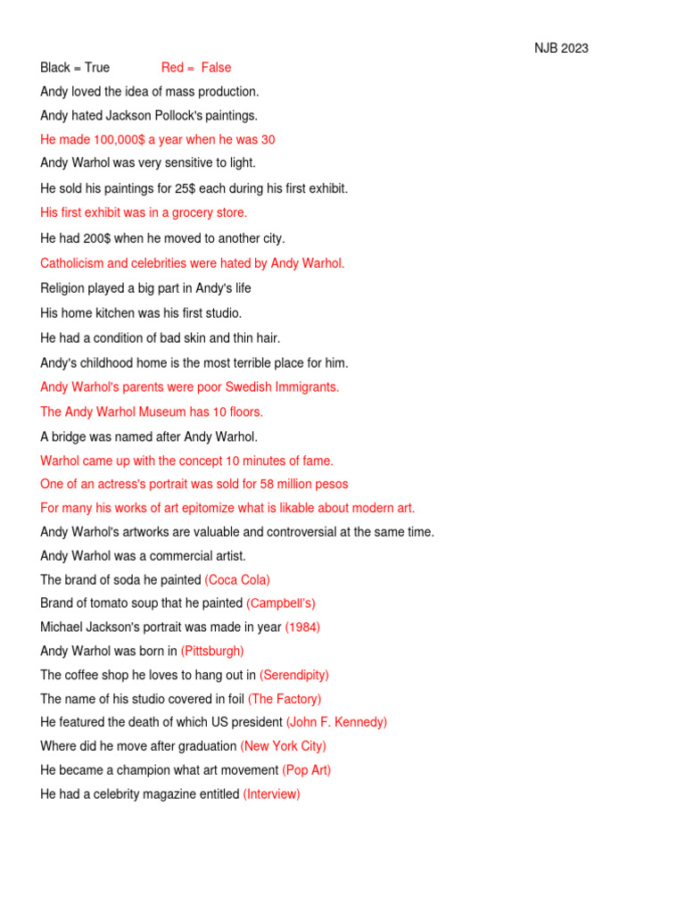 Andy Warhol Quiz | PDF