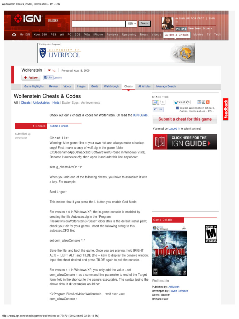 Wolfenstein Cheats, Codes, Unlockables - PC - IGN | PDF
