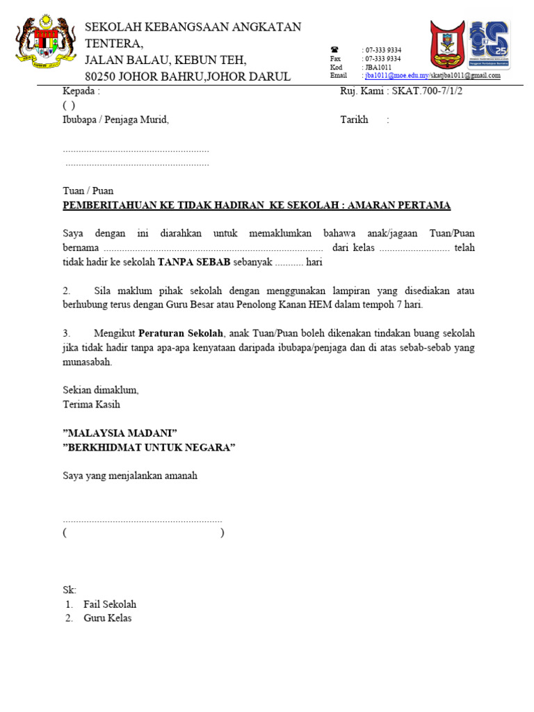 Surat Amaran Tidak Hadir Sekolah 1-3 | PDF