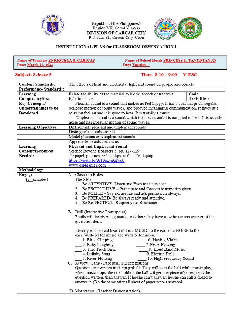 Pleasant and Unpleasant Sound Detailed Lesson Plan | PDF