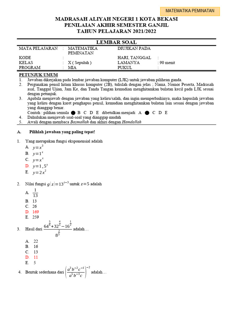 Soal Pas Matematika Peminatan Kelas x | PDF