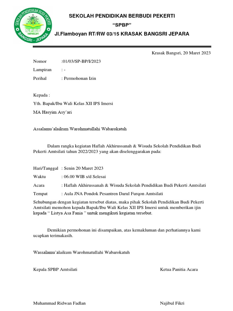 izin wisuda spbp sekolah | PDF