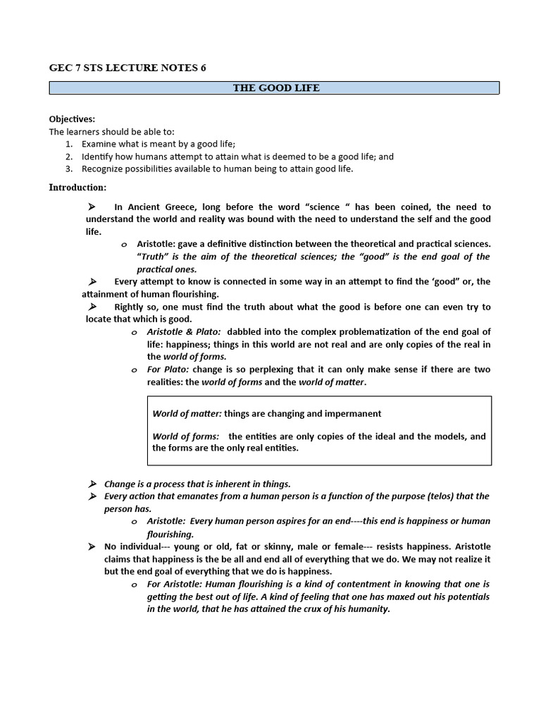 Gec 7 Sts Lecture Notes 6 Good Life | PDF