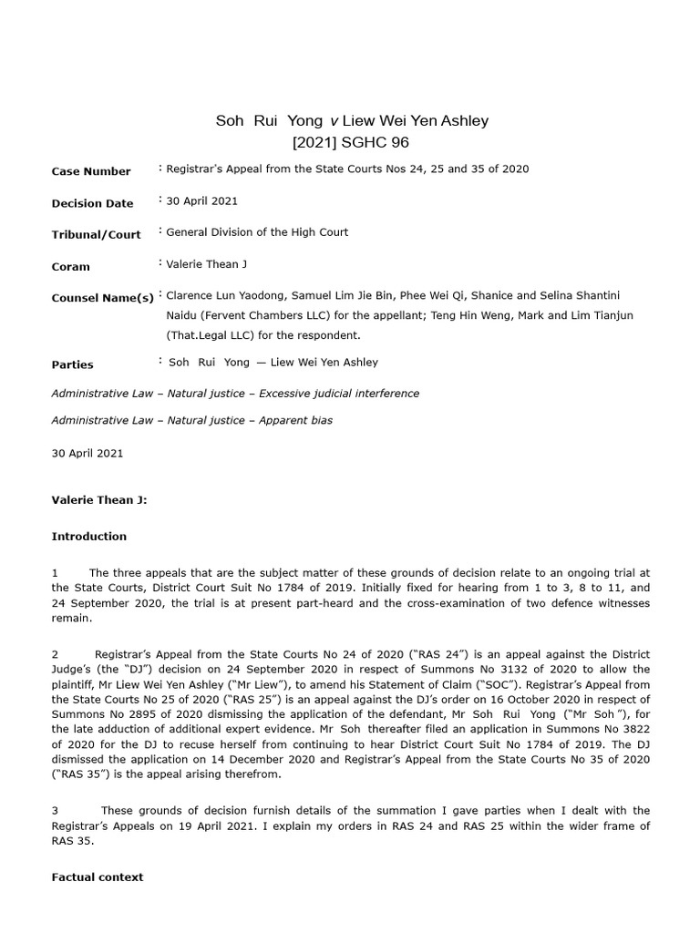Soh Rui Yong V Liew Wei Yen Ashley (2021) SGHC 96 | PDF