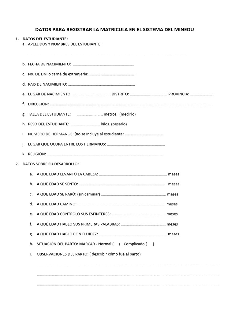 HOJA DE DATOS FIRMADA PARA REGISTRAR LA MATRICULA EN EL SISTEMA DEL ...