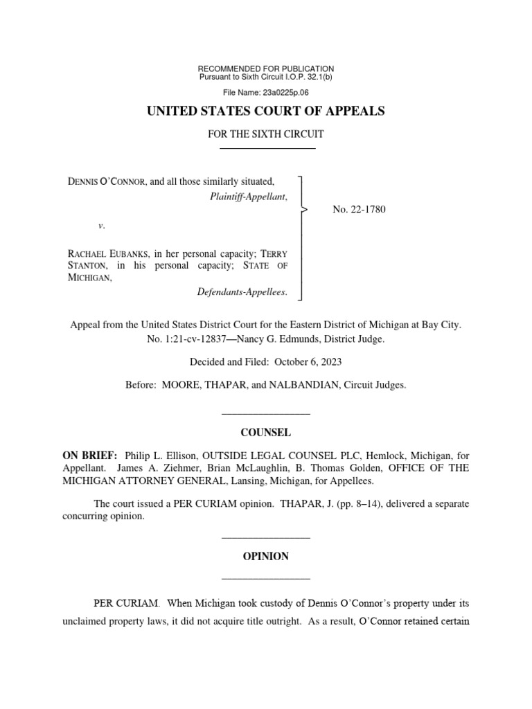 O'Connor v. Eubanks, No. 22-1780 (6th Cir. Oct. 6, 2023) (Per Curiam) | PDF