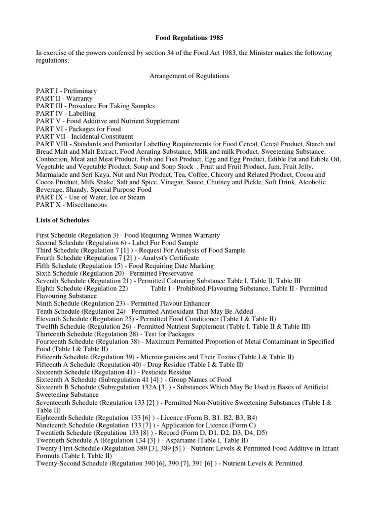 MYS 1985 Food Regulations | PDF