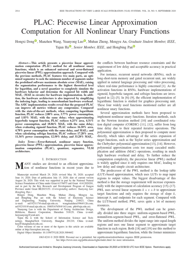 PLAC Piecewise Linear Approximation Computation For All Nonlinear Unary Functions | PDF