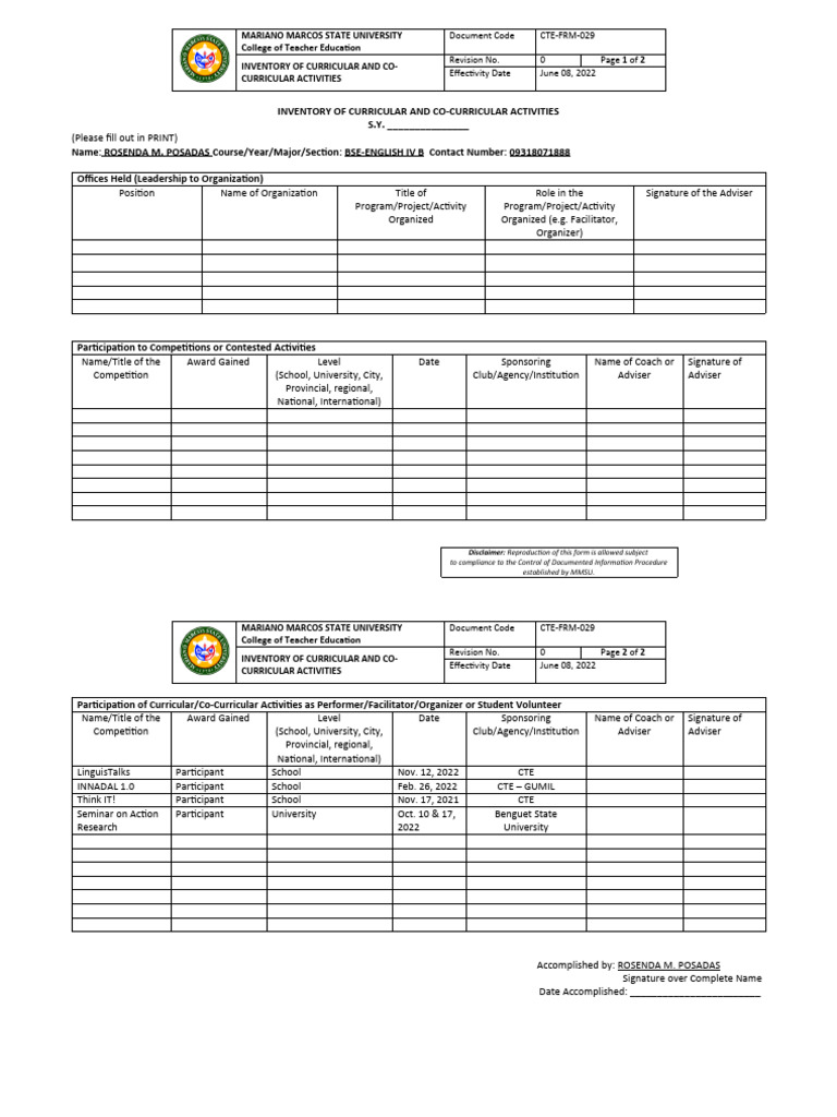 Form 29 INVENTORY OF CURRICULAR AND CO CURRICULAR ACTIVITIES | PDF
