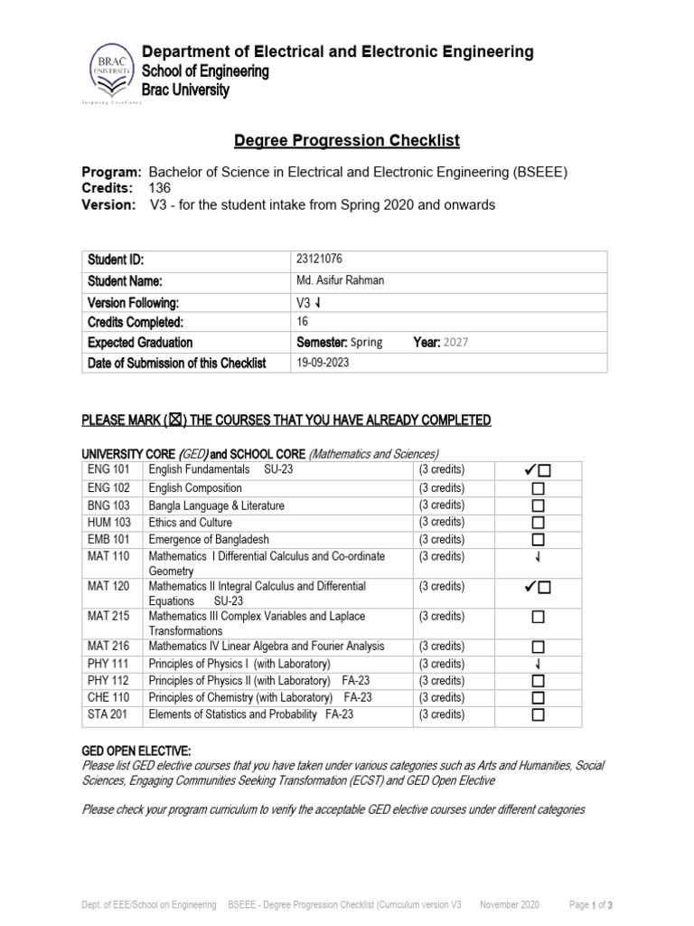 BSEEE - Version 3 - Degree Progression Checklist (SU23) | PDF