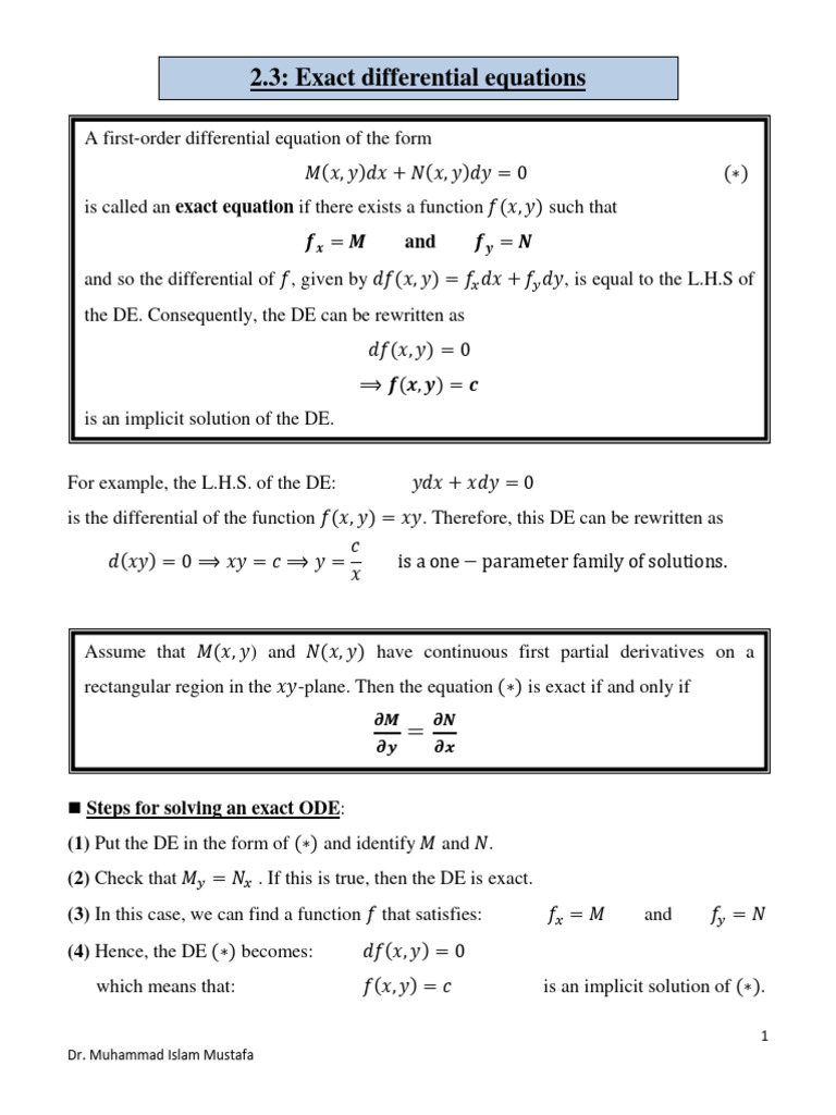 2.3: Exact Differential Equations | PDF