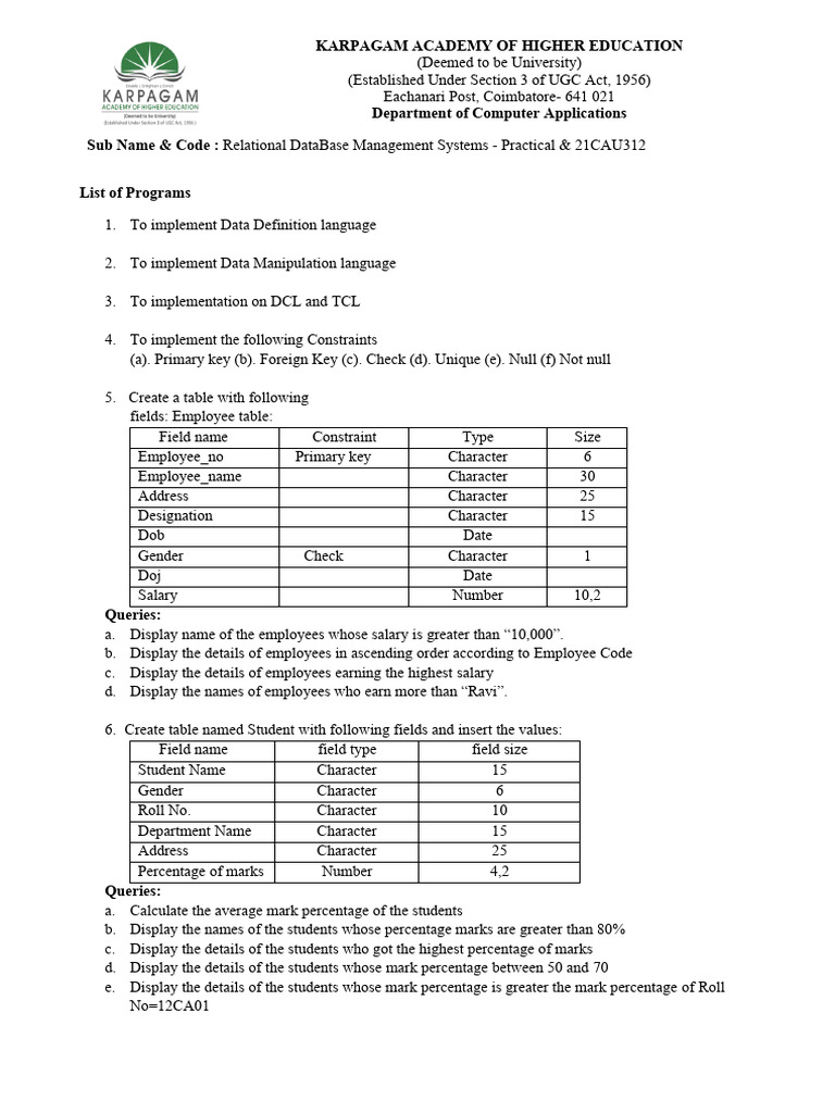 RDBMS List of Programs | PDF