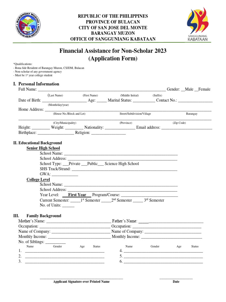 Financial Assistance 2023 - Application Form | PDF