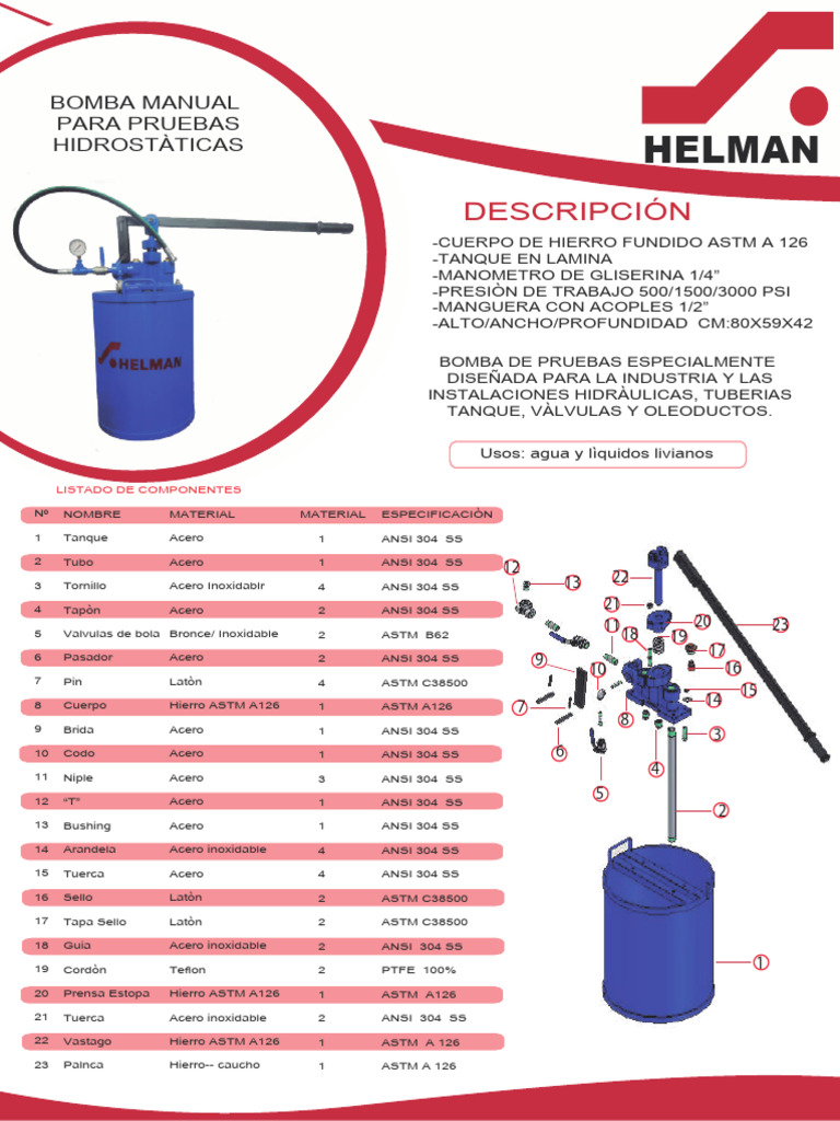 Ficha Tecnica - Bomba para Pruebas Hidrostaticas Marca Helman | PDF | Acero | Materiales