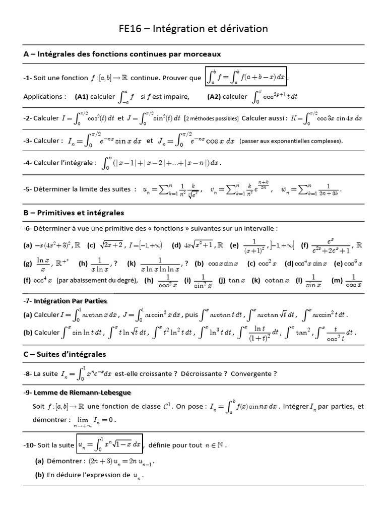 FE16-Intégration Et Dérivation | PDF
