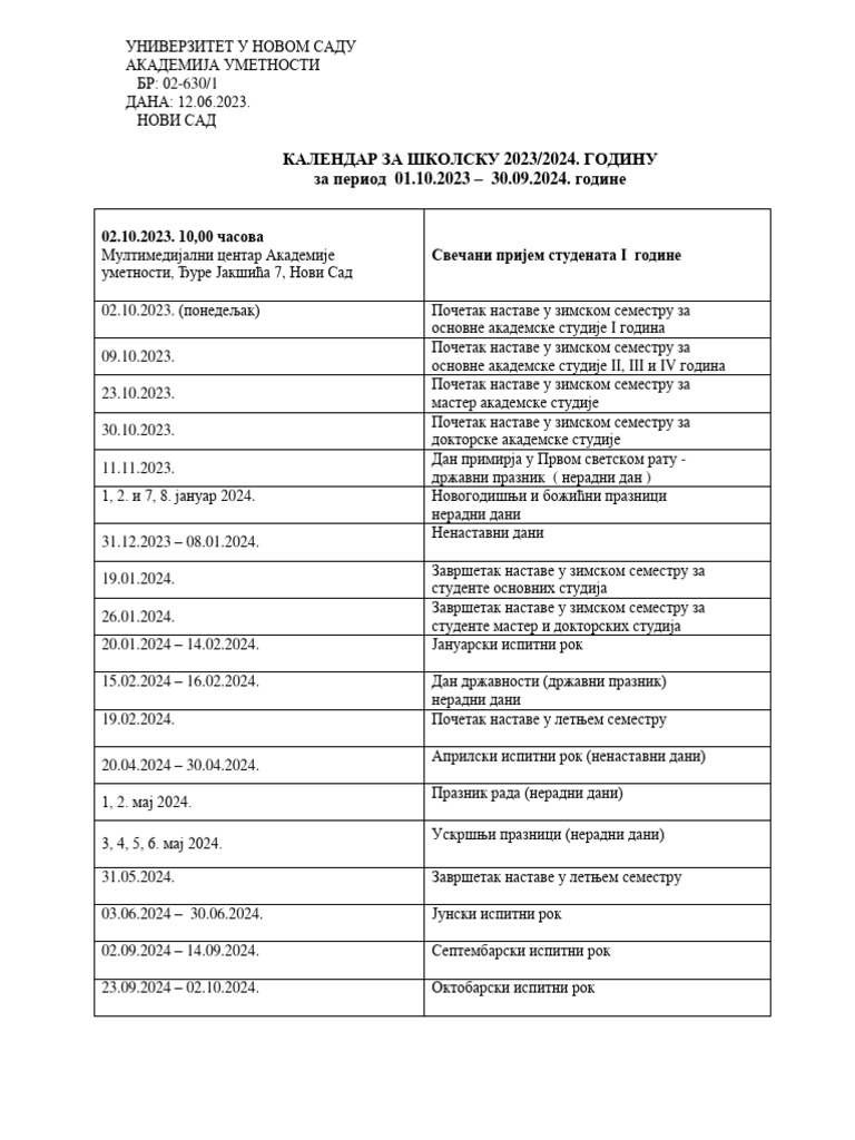 Kalendar Nastave Skolska 2023 2024 | PDF