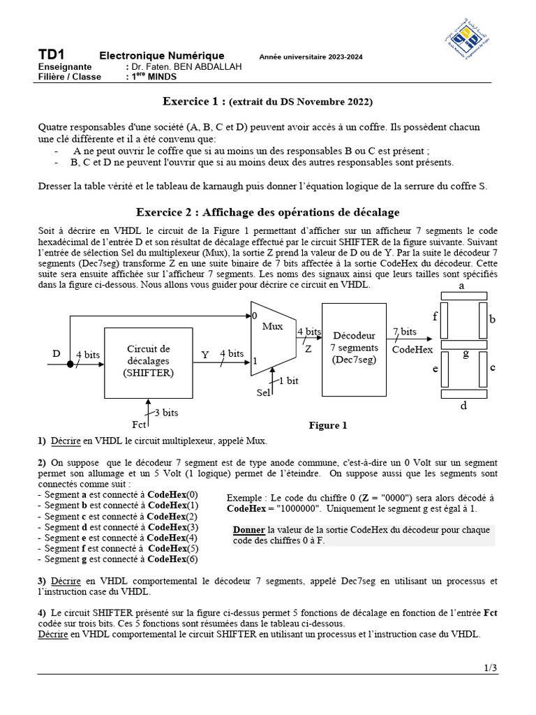 TD1 Electronique Numerique 2023 | PDF | VHDL | Design électronique