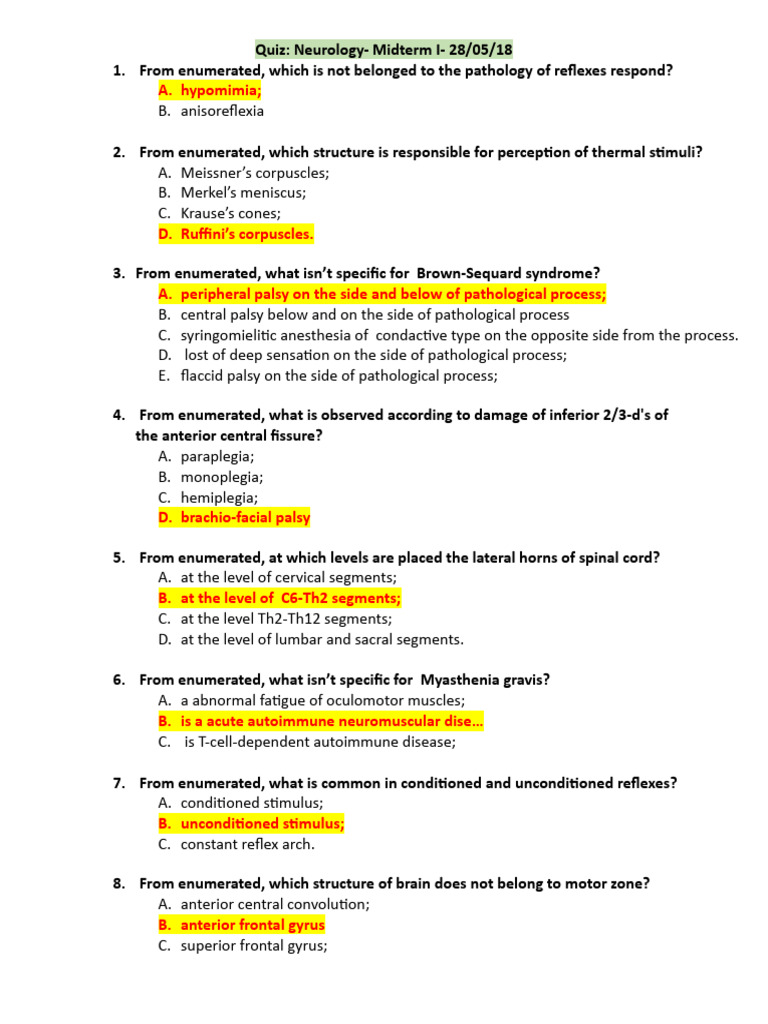 Neurology Midterm Quiz Questions | PDF