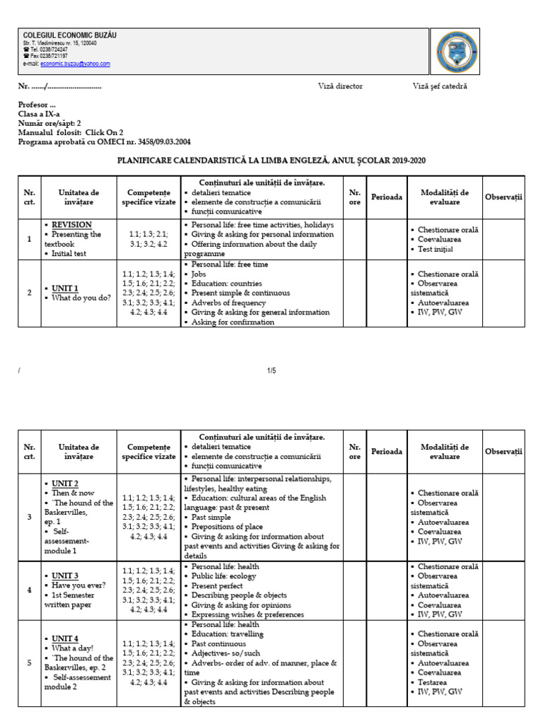 Planificare Calendaristica La Limba Engleza Manual Click On 2 Clasa A ...