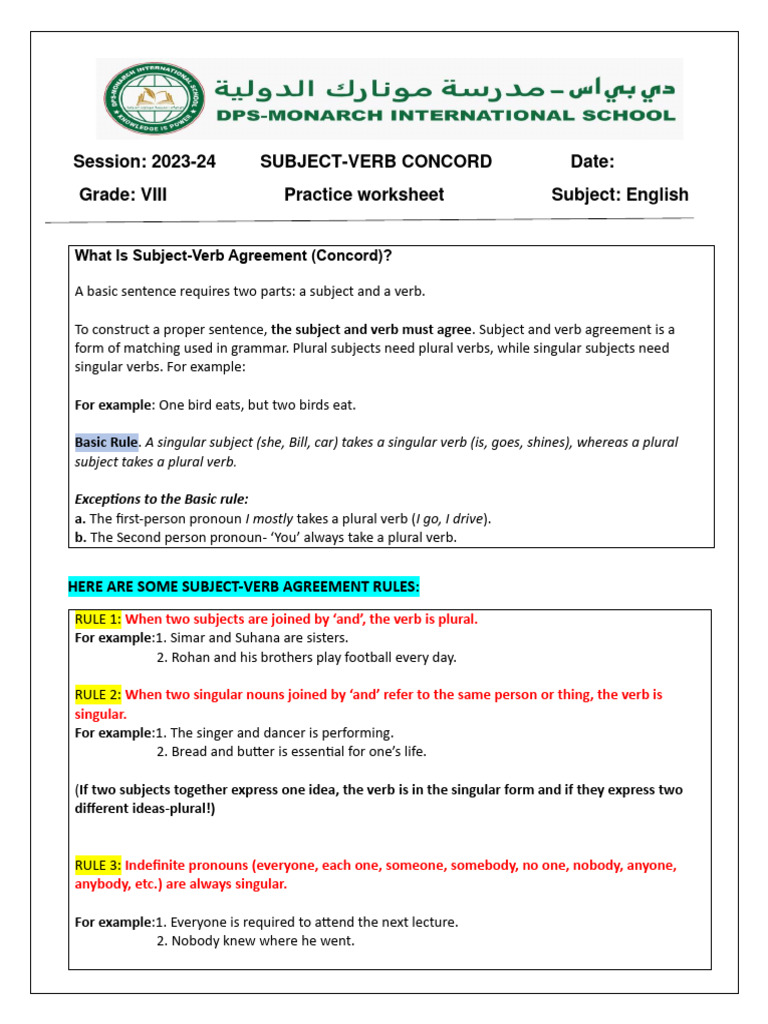 Subject-Verb Agreement Rules for Grade 8 | PDF | Grammatical Number ...