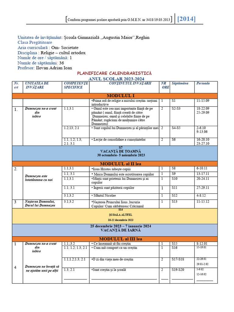 Planificari_clasa_pregatitoare_2024 | PDF