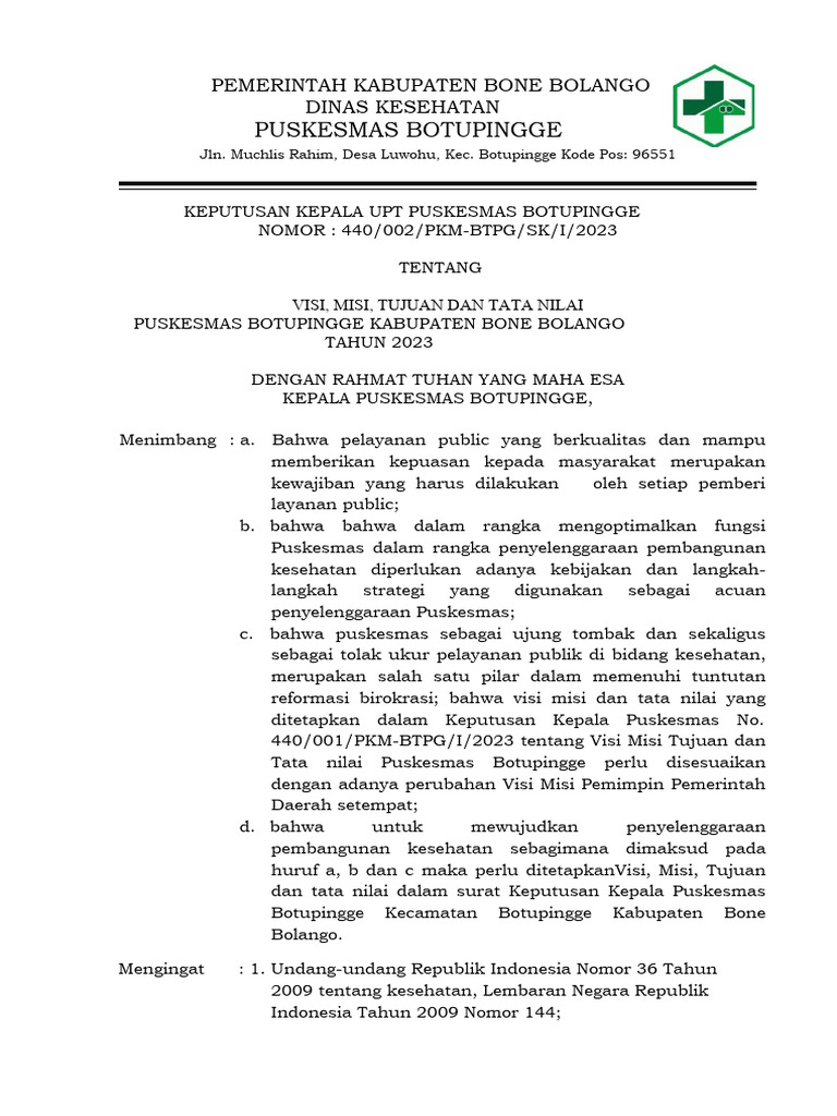 SK Visi Misi Tujuan Dan Tata Nilai | PDF