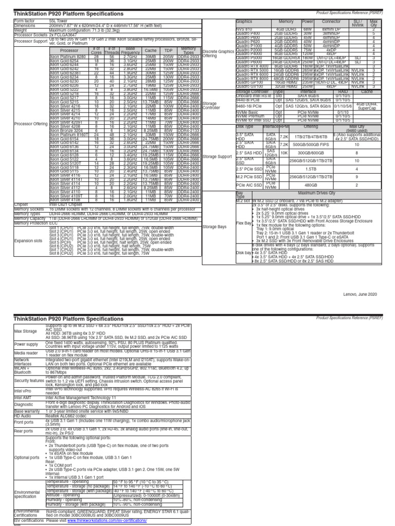 Lenovo Thinkstation p920 Specifications | PDF