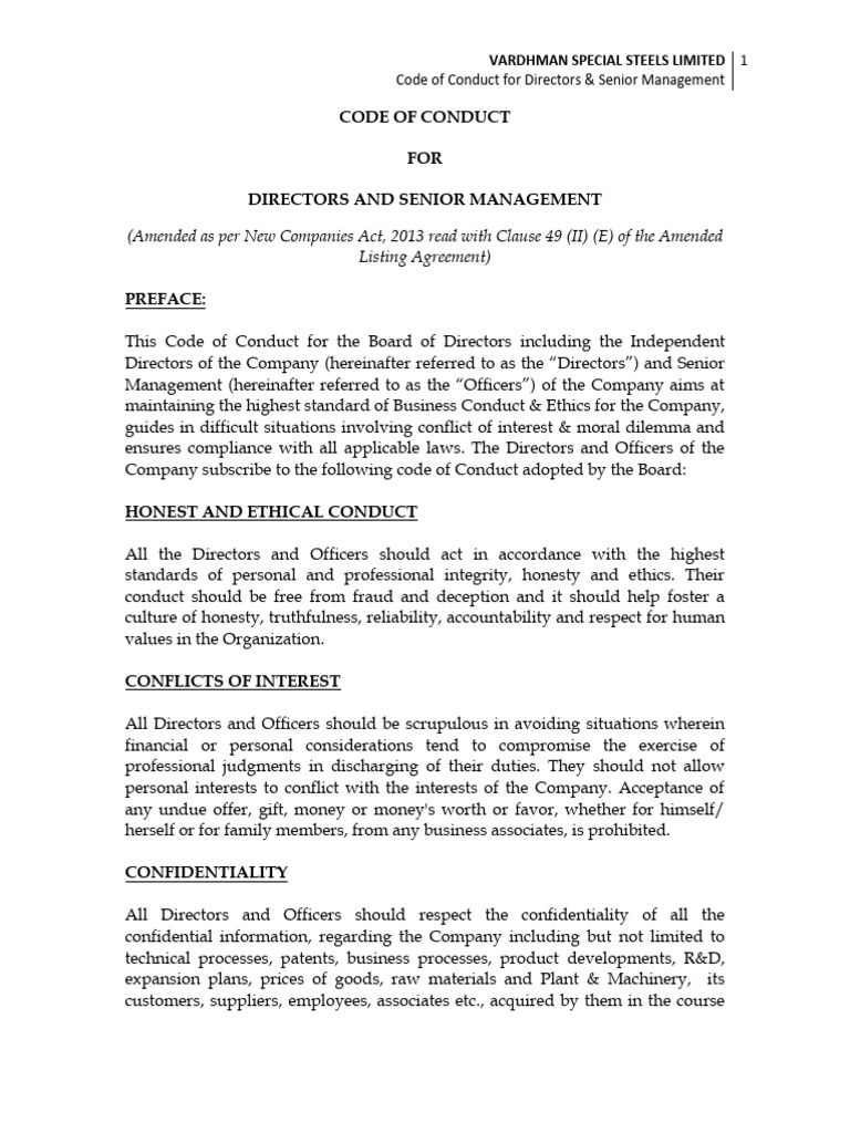 Code of Conduct For Directors & Senior Management | PDF Code of Conduct For Directors & Senior Management | PDF
