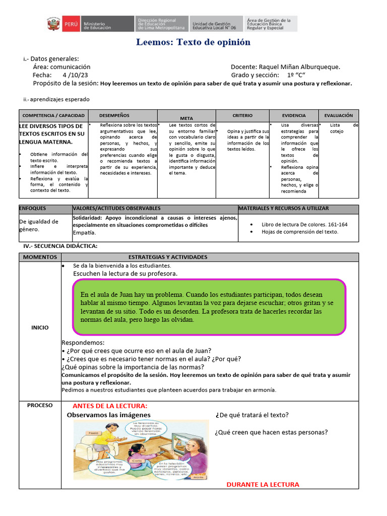 SESION DE APRENDIZAJE COM. LEEMOS TEXTOS DE OPINIÓN | PDF ...