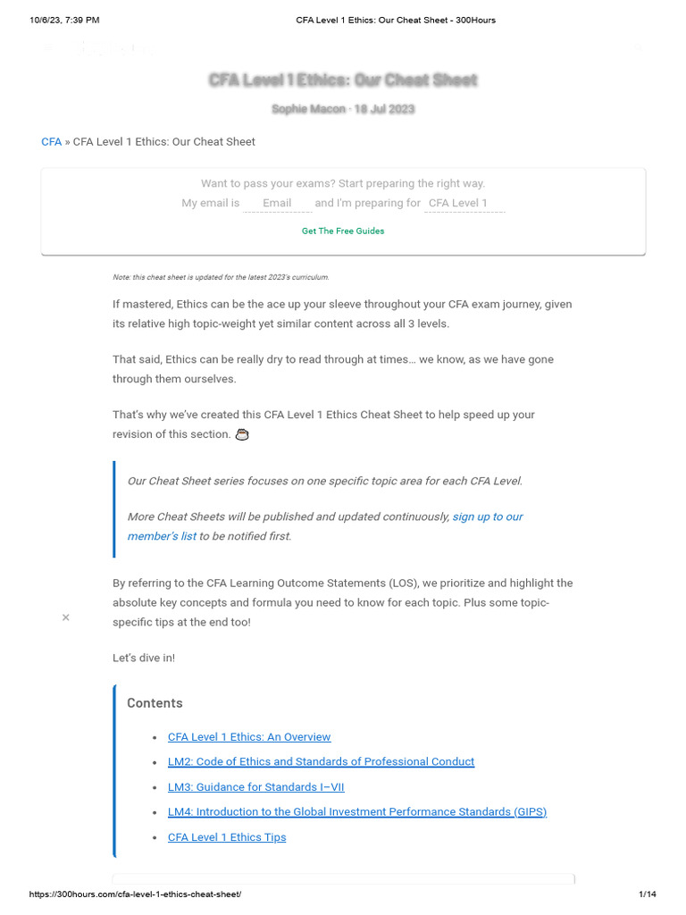 CFA Level 1 Ethics - Our Cheat Sheet - 300hours | PDF