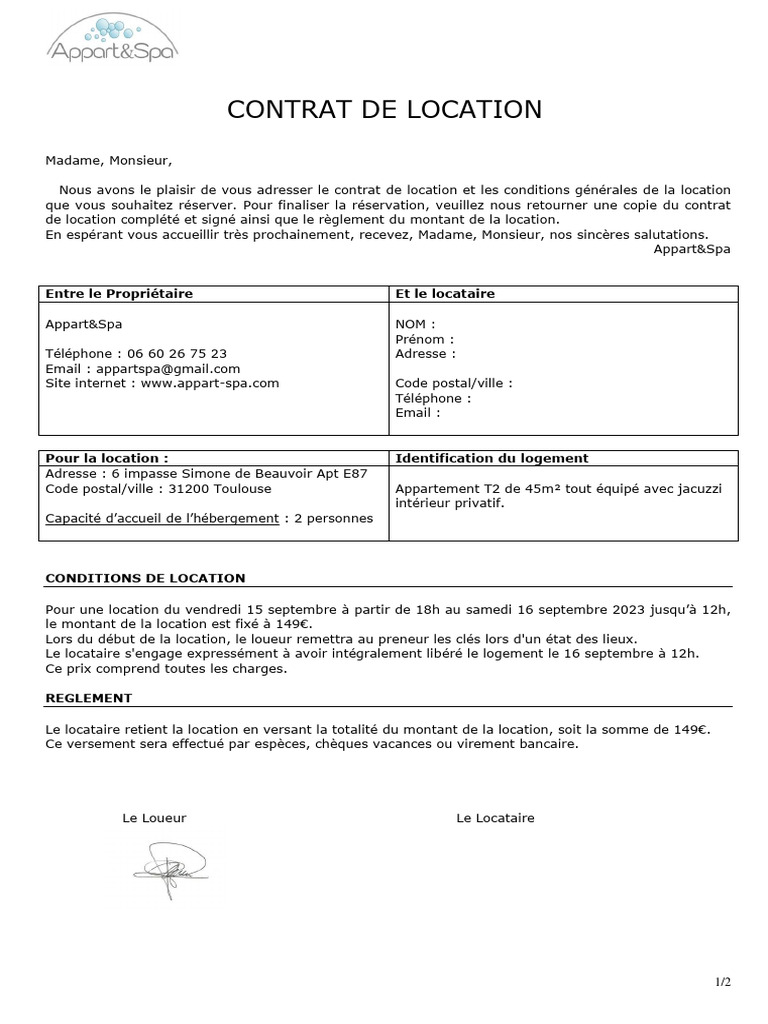 Contrat de Location Appart&Spa | PDF