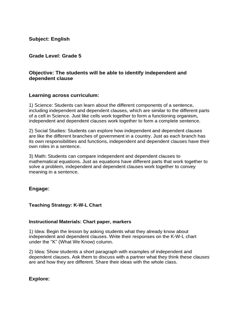 Lesson Plan Independent and Dependent Clauses | PDF