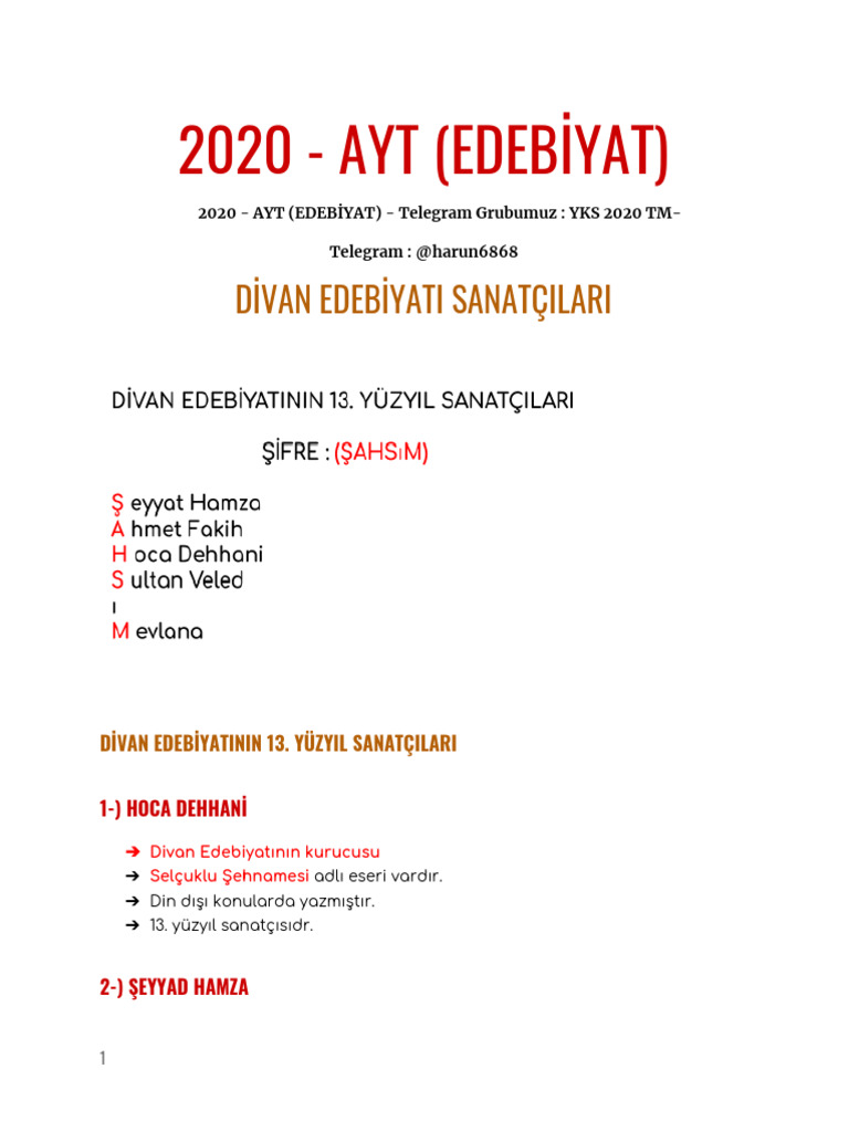 2020 Ayt - Edebi̇yat Di̇van Edebi̇yati Ders Notu - 2 (Son) | PDF