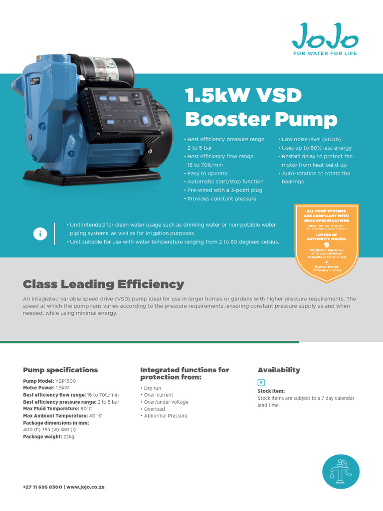 JoJo Sell Sheet 1.5 KW VSD Booster Pump 120822 | PDF