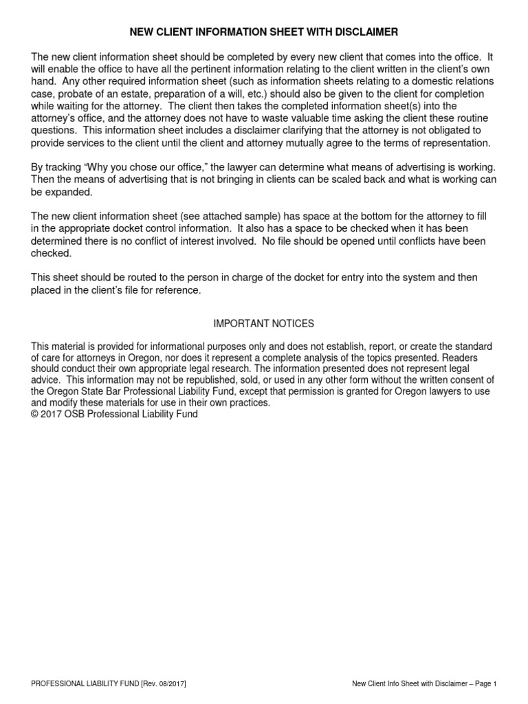 New Client Information Sheet With Disclaimer | Download Free PDF ...