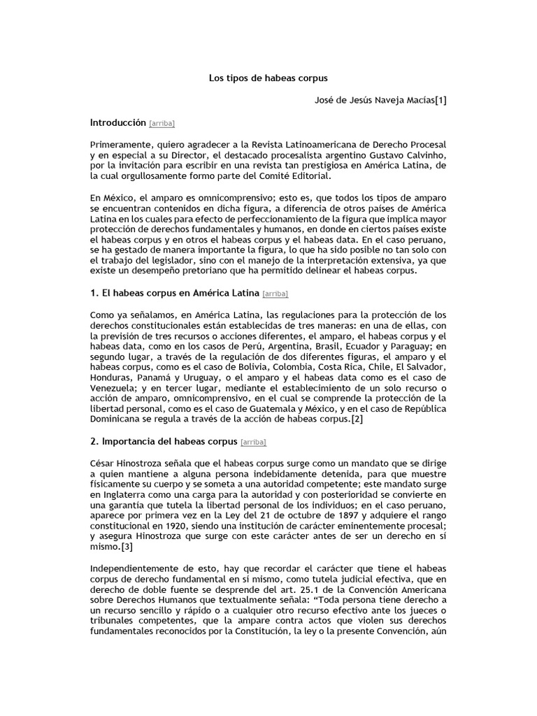 Los Tipos De Habeas Corpus Pdf Habeas Corpus Derecho Constitucional