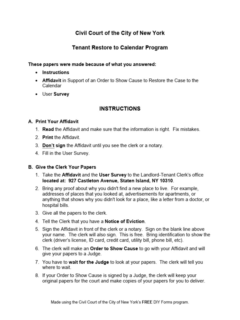 NYC Civil Tenant Affidavit To Restore To Calendar Diy-4 | PDF