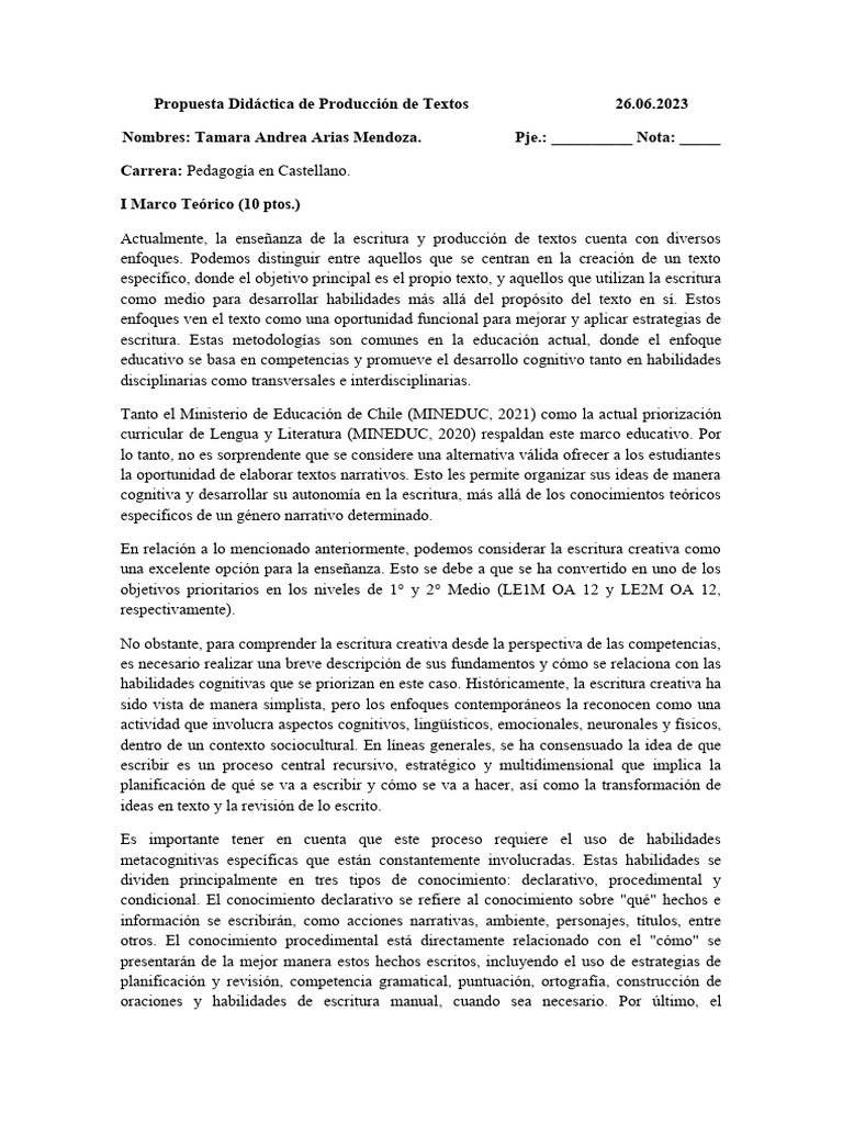 Propuesta didáctica producción de textos - Tamara Arias | PDF