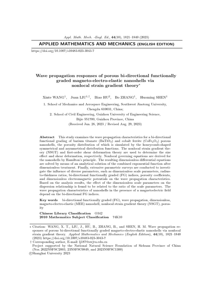 Wave Propagation Responses of Porous Bi-Directional Functionally Graded Magneto-Electro-Elastic ...