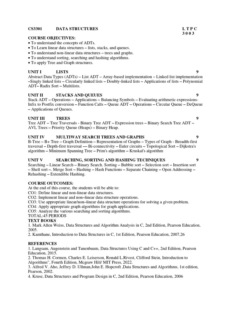 CS3301 Data Structures Syllabus | PDF | Technology & Engineering